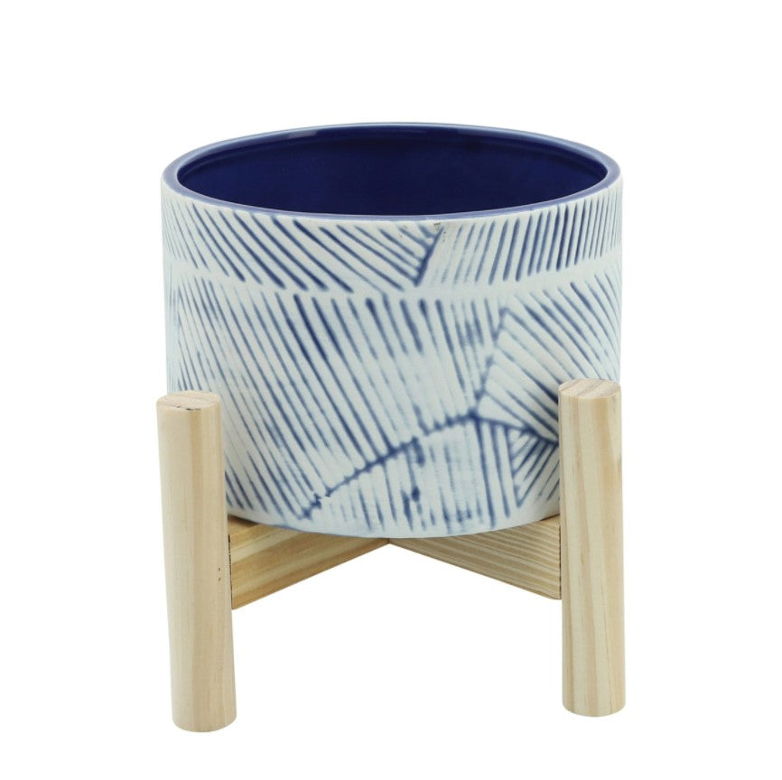 Navy Planter With Wood Stand — BDC Living